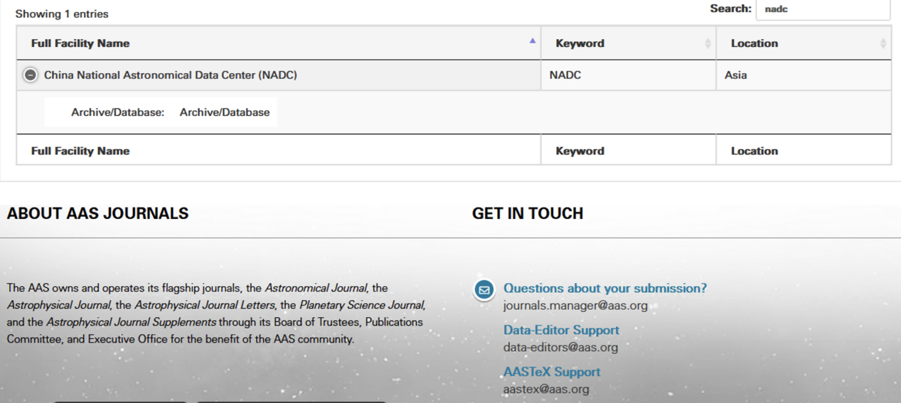 国家天文科学数据中心被AAS期刊群天文设施关键词库收录 | 国家天文科学数据中心 | NADC